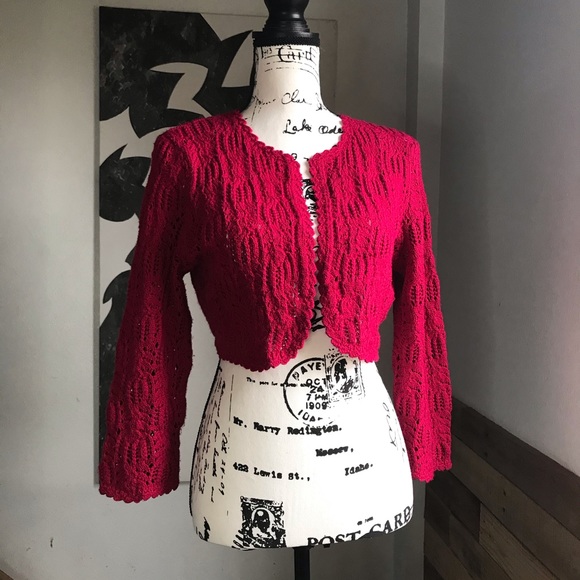 The Limited Sweaters The Limited Wool Cartigan Sweater Fushia Crop Top 34 Sleeve Scalloped